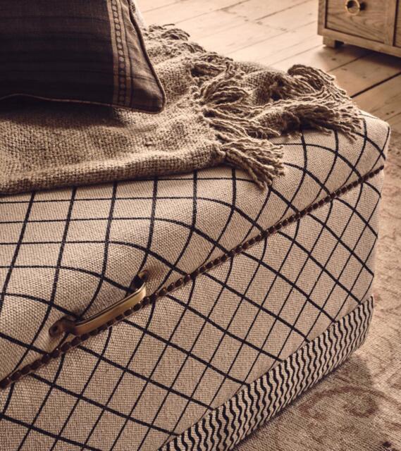 OKA, Agnes Upholstered Ottoman - Monochrome, Ottomans, Mango Wood,Cotton by OKA | ufurnish.com