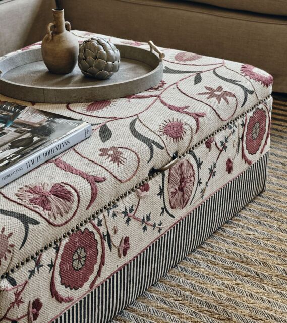 OKA, Sheki Upholstered Ottoman - Charcoal/Venetian Red, Ottomans, Wood ...