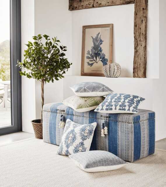 OKA, Palayam Upholstered Ottoman - Blue, Ottomans, Mango Wood,Cotton ...