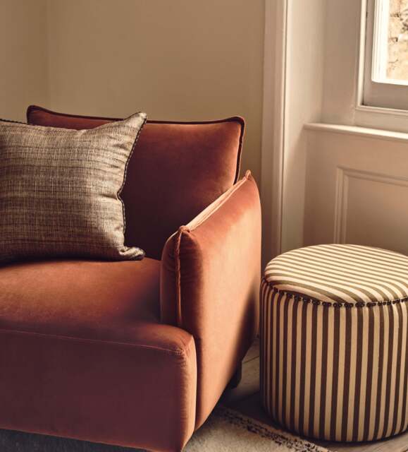 OKA, Costellini Stripe Linen Ottoman - Olive, Ottoman by OKA | ufurnish.com