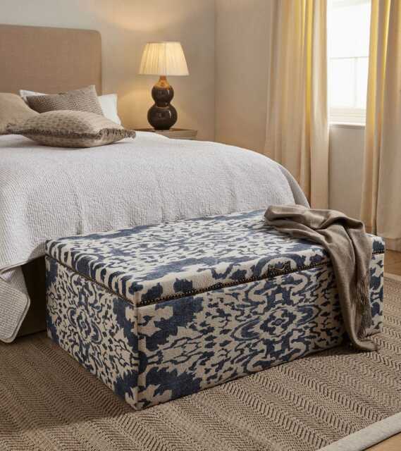 OKA, Nesbitt Upholstered Ottoman - Blue, Ottomans, Wood,Cotton by OKA ...