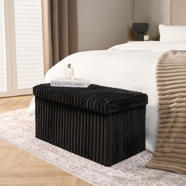 OHS Ribbed Foldable Rectangle Storage Ottoman - Black by Online Home ...