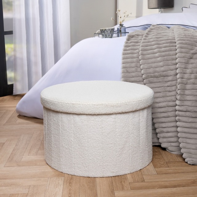 OHS Boucle Foldable Extra Large Round Storage Ottoman - White by Online ...