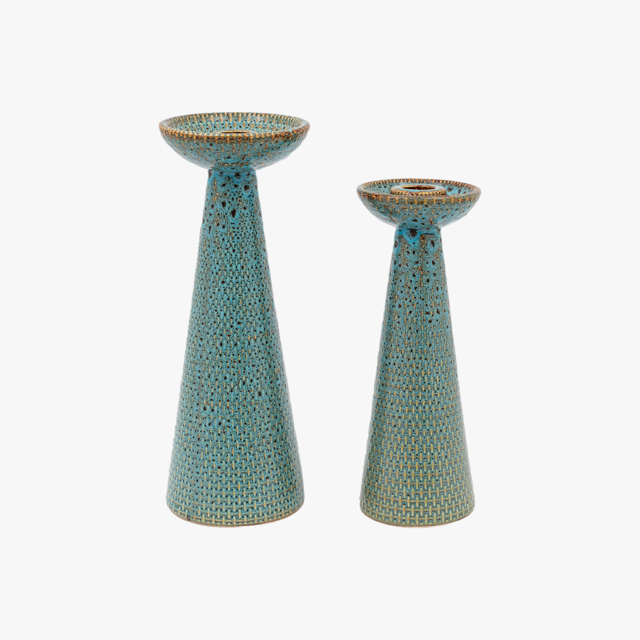Lena Ceramic Candlestick in Teal, Set of 2 by Perch & Parrow | ufurnish.com