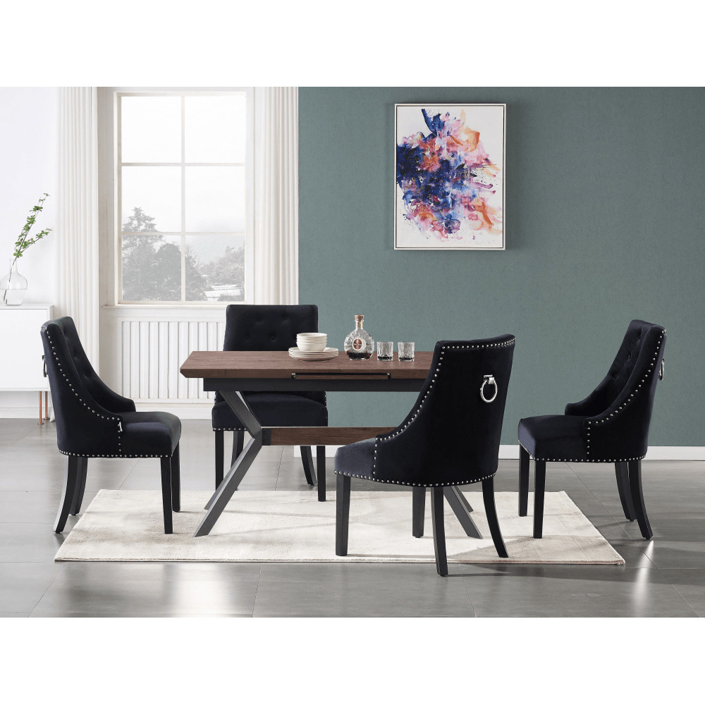 Blaze Walnut Dining Table and Set of 4 Black Windsor Dining Chairs Col ...