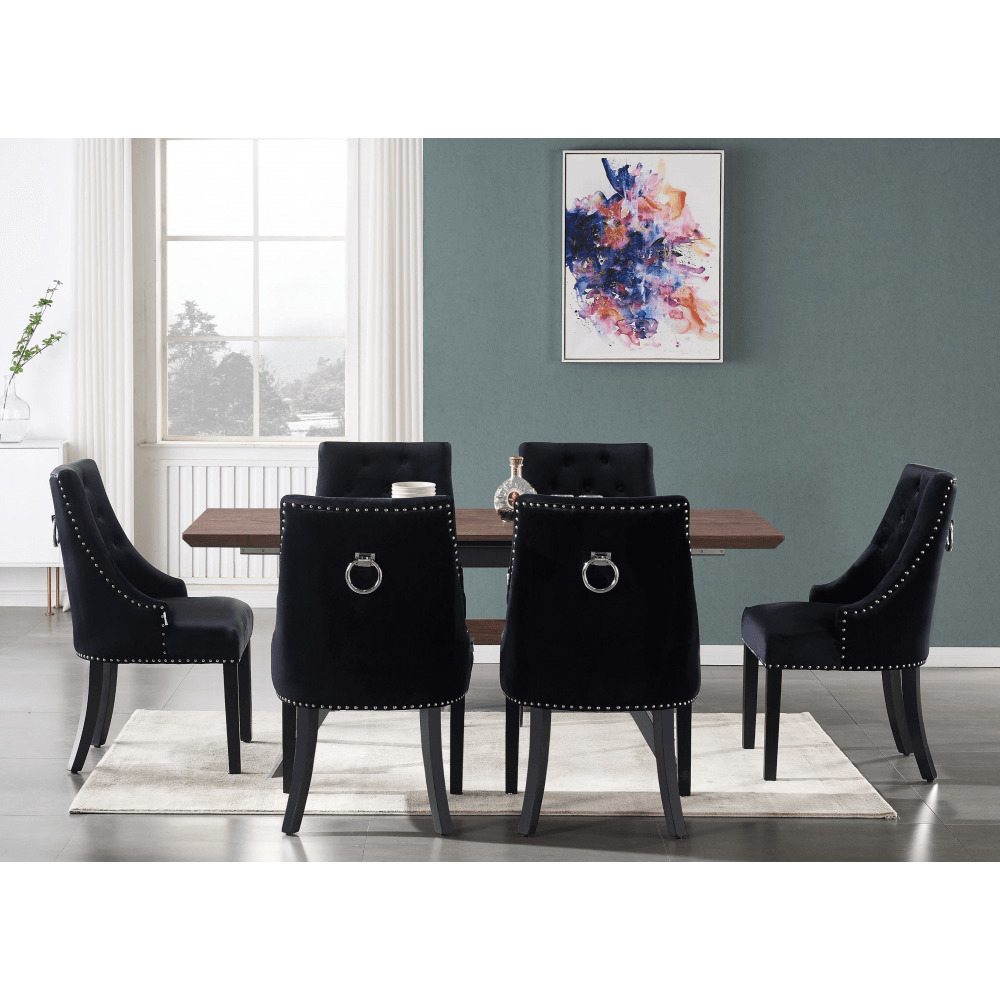 Blaze Walnut Dining Table and Set of 4 Black Windsor Dining Chairs Col ...