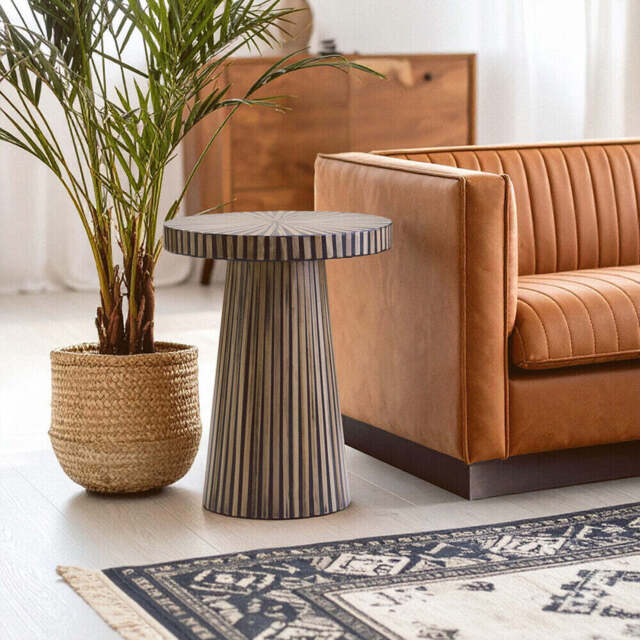 Bambusa Bamboo Inlay Round Side Table by PN Home | ufurnish.com