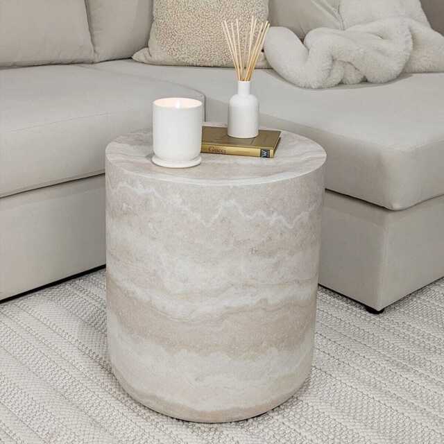 Celeste Round Neutral Marble Effect Side Table by PN Home | uFurnish.com