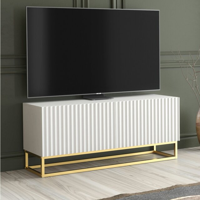 Rackhams White TV Unit with Gold Base 100cm – Fluted Fronts & Push-Down ...