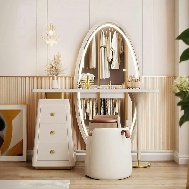 Rackhams Charlotte Dressing Table With Full Length LED Mirror, Cream ...