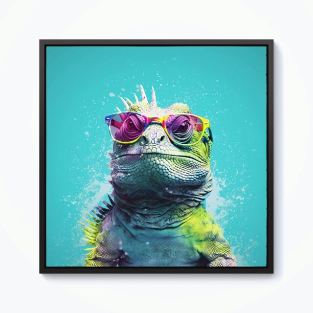 "Rackhams Inquisitive Splash Art Iguana Framed Canvas - - 10"" x 10"" - Black" by Rackhams ...