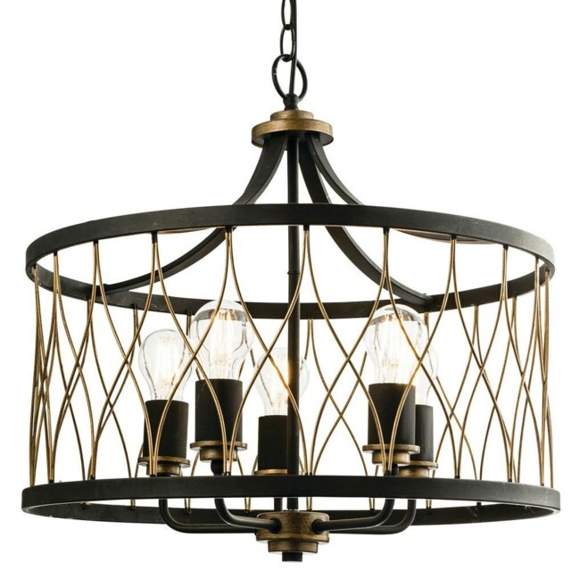 Rackhams Multi Light Ceiling Pendant 5 Bulb MATT BLACK & BRONZE Vintage ...