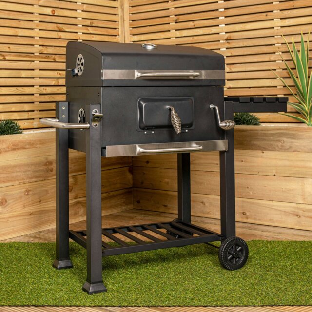 Rackhams 115x46x106cm Black Steel Portable Rectangular BBQ Trolley with ...