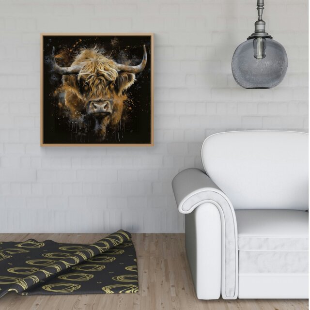 "Rackhams Bronze Splash Art Highland Cow Framed Canvas - 40"" x 40 ...