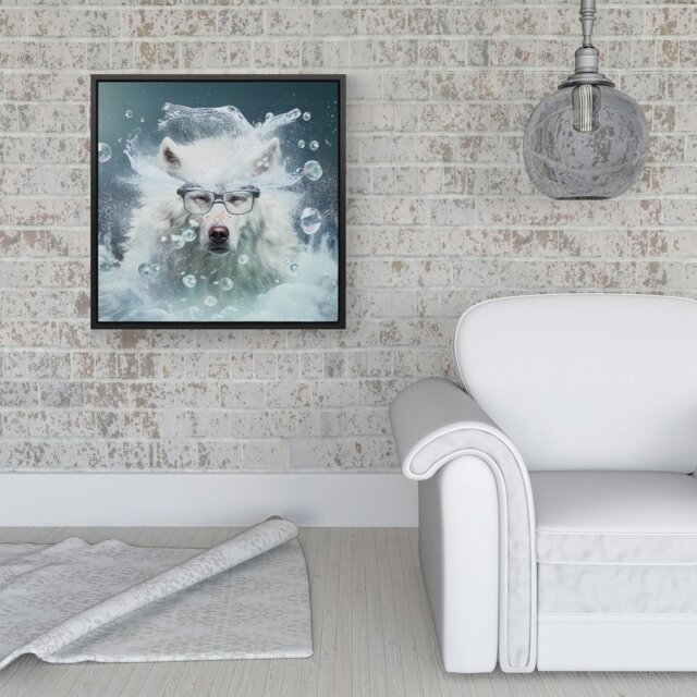 "Rackhams White Wolf Splash Art Framed Canvas - - 16"" x 16"" - Black ...