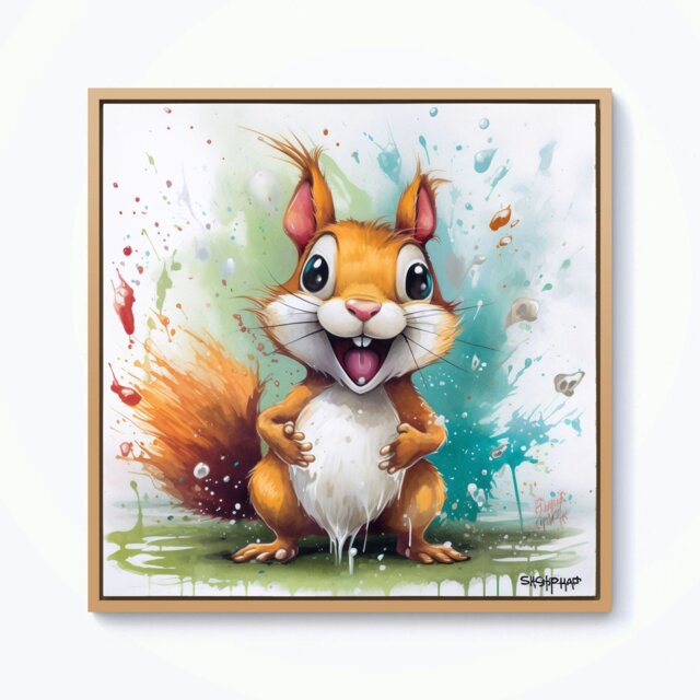 "Rackhams Happy Splash Art Squirrel Framed Canvas - - 10"" x 10"" - Pine" by Rackhams | ufurnish.com