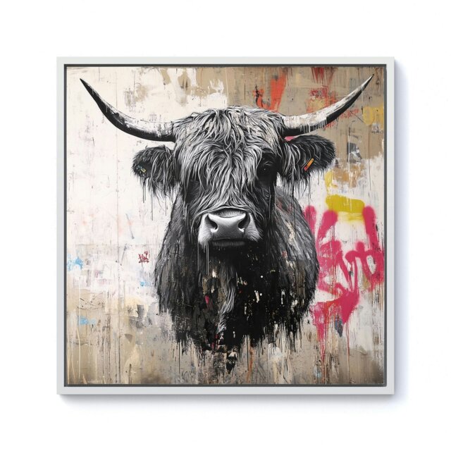"Rackhams Urban Highland Cow Framed Canvas - - White - 10"" x 10""" by ...
