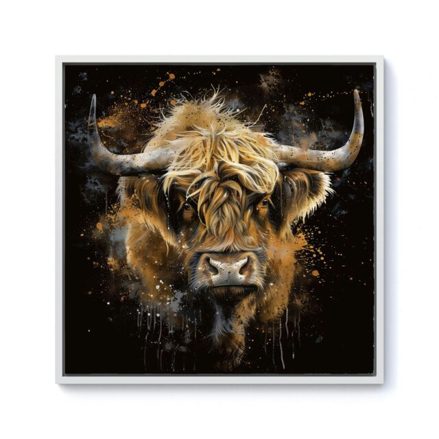"Rackhams Bronze Splash Art Highland Cow Framed Canvas - 30"" x 30 ...