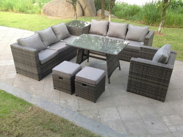 Rackhams 7 Seater Grey Rattan Corner Sofa Set 2 Table Armchair ...