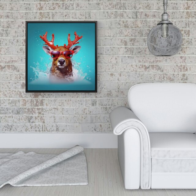 "Rackhams Rudolph With Reed Antlers Framed Canvas - - Black - 40"" x 40 ...