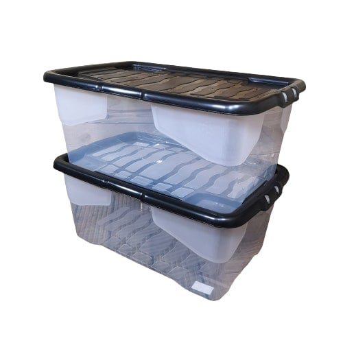 Rackhams 2 x 42L Clear Storage Box with Black Lid, Stackable and ...