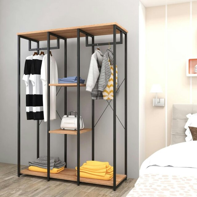 Rackhams Industrial Metal Open Wardrobe With Wooden Shelves by Rackhams ...