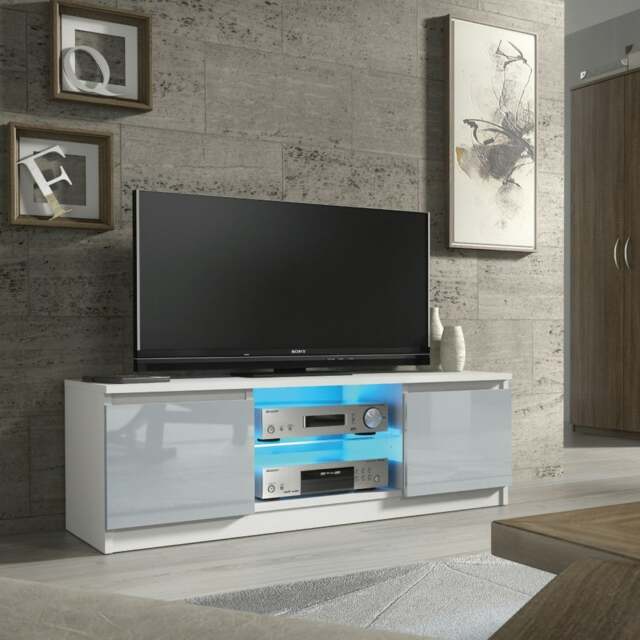 Rackhams Stunning 120cm TV Unit Stand Cabinet Cupboard Grey Gloss Doors Free LED - 120 cm ...