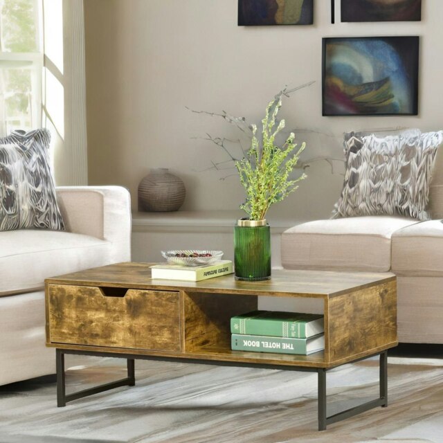 Rackhams Industrial Rustic Coffee Table With Drawer and Storage Brown by Rackhams | ufurnish.com