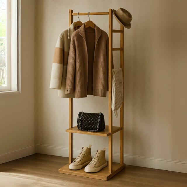 Rackhams Narrow Wooden Clothes Rail With 2 Shelves - Bamboo - Natural ...