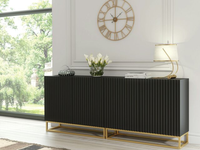 Rackhams Sophisticated Black Sideboard with Fluted Fronts & Gold Legs ...