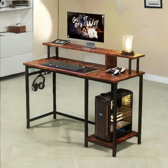 Rackhams Industrial 107CM Computer Desk With Monitor Stand And Shelves ...