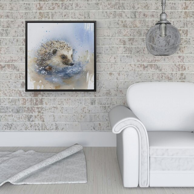 "Rackhams Hedgehog Watercolour Framed Canvas - - 16"" x 16"" - Black ...