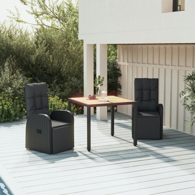 Rackhams 3 Piece Garden Dining Set Black Poly Rattan&Solid Wood Acacia ...