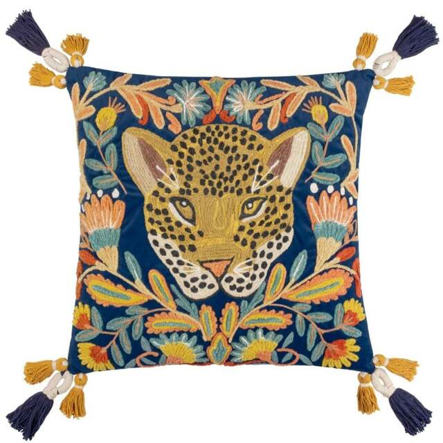 Rackhams Regal Embroidered Leopard Cushion Cover - Royal Blue - 50cm x ...