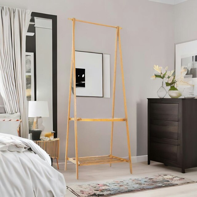 Rackhams Wooden Natural Brown Open Clothes Rack With Shelf Natural ...