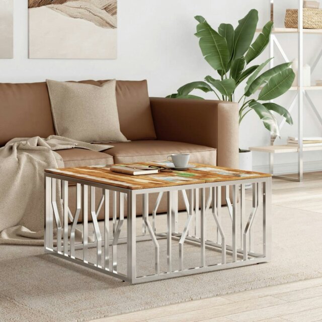 Rackhams Coffee Table Silver Stainless Steel and Solid Wood Reclaimed ...