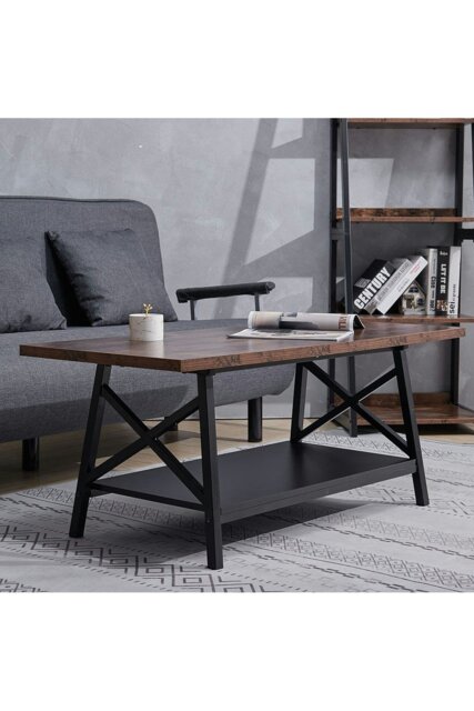 Rackhams 2 Tier Industrial Style Coffee Table with Storage Shelf - Brown by Rackhams | ufurnish.com