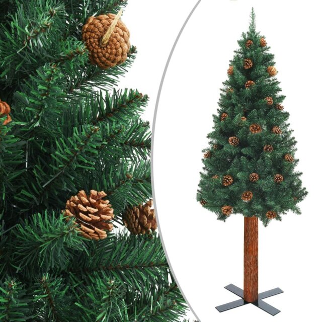 Rackhams Slim Christmas Tree with Real Wood and Cones Green 210 cm PVC ...