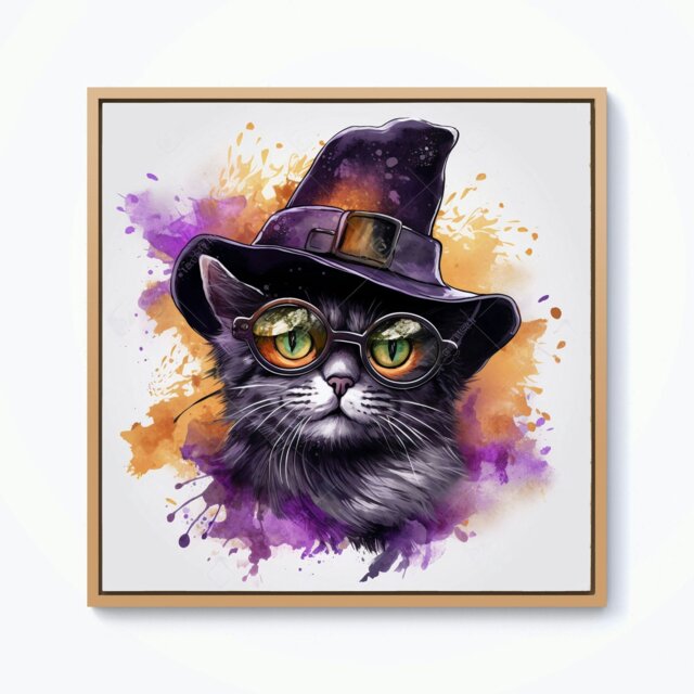"Rackhams Splash Art Longhaired Witches Cat Framed Canvas - - 10"" x 10"" - Pine" by Rackhams ...