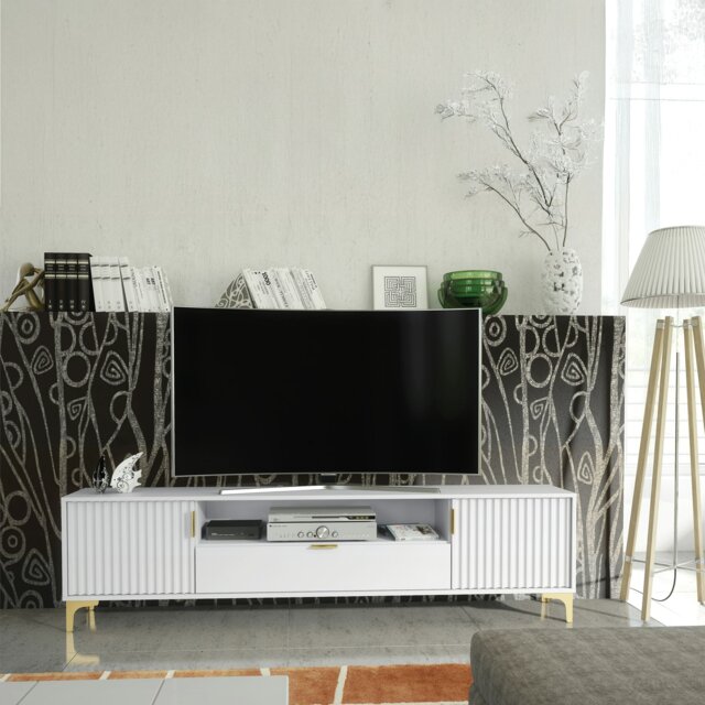 Rackhams Luxurious White TV Stand with Fluted Doors & Gold Accents ...
