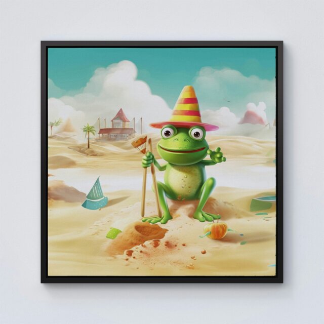 "Rackhams Happy Frog On A Beach Holiday Framed Canvas - - 10"" x 10"" - Black" by Rackhams ...
