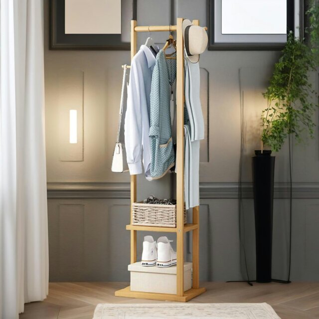 Rackhams Narrow Bamboo Clothes Rail With 2 Shelves - by Rackhams ...