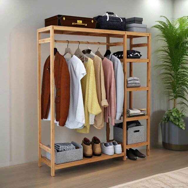 Rackhams Natural Wooden Bamboo Clothes Rail With 5 Shelves Open ...