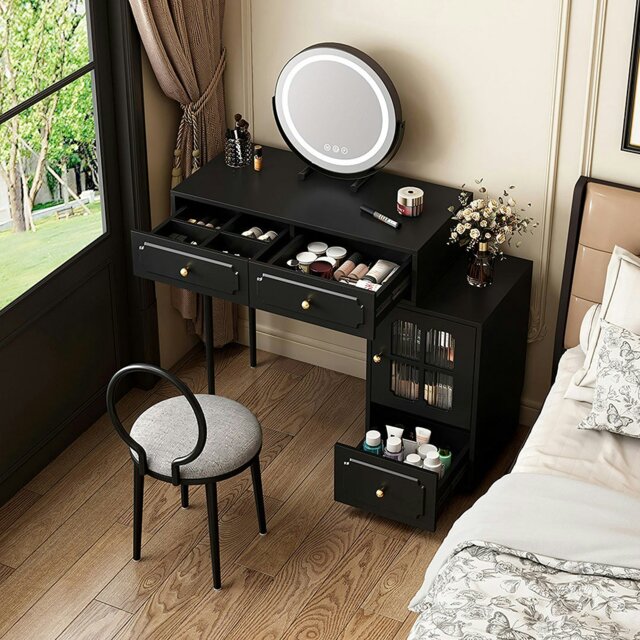 Rackhams Scarlett Dressing Table With Side Cabinet & LED Mirror, Black ...
