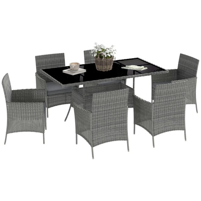 Rackhams Rattan Dining Set for 6 with Cushions, Glass Top Table, Brown ...