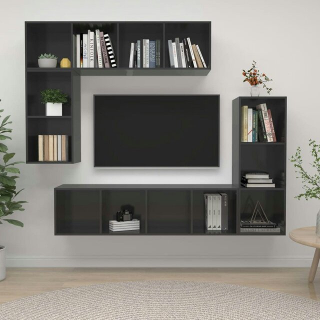 Rackhams 4 Piece TV Cabinet Set High Gloss Grey Engineered Wood - Grey ...