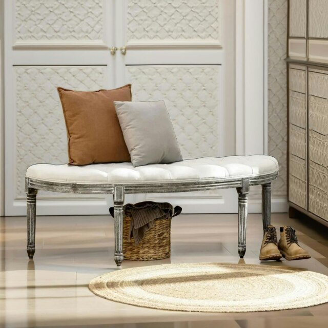 Rackhams Upholstered Half Circle Wooden Bench Seat Cream White by ...