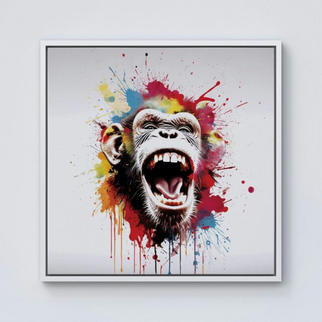 "Rackhams Coloured Splash Art Crazy Monkey Face Framed Canvas - - 30"" x 30"" - White" by ...