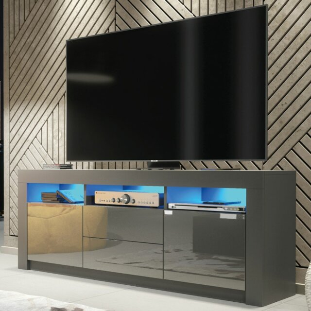 Rackhams Spacious 160cm TV Unit & Cabinet with Grey High Gloss Doors ...