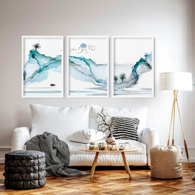 Rackhams Art print set of 3 - Japanese Teal wall art for living room ...